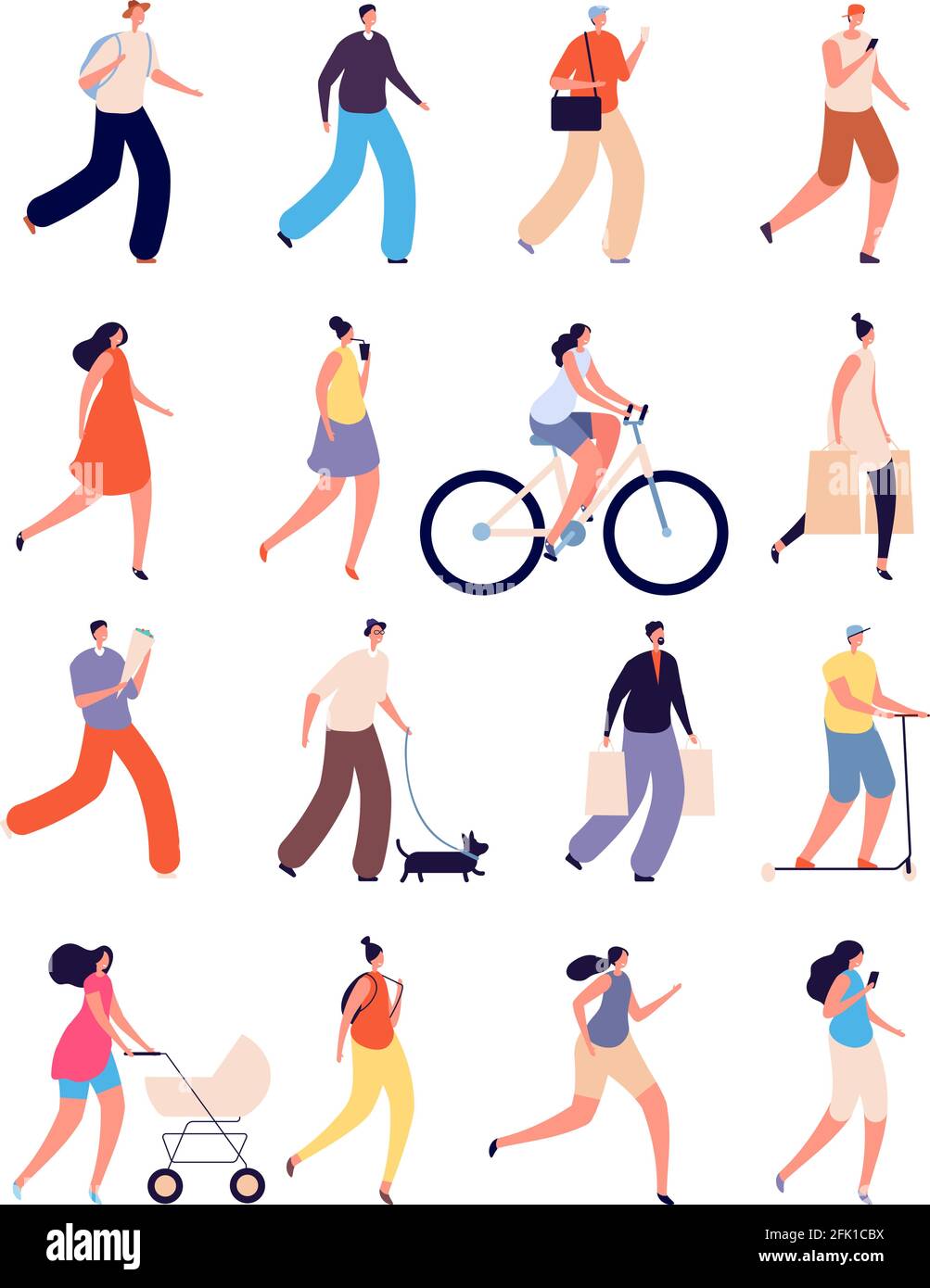 People walking. Dog walk, guy running, ice cream eating. Isolated ...