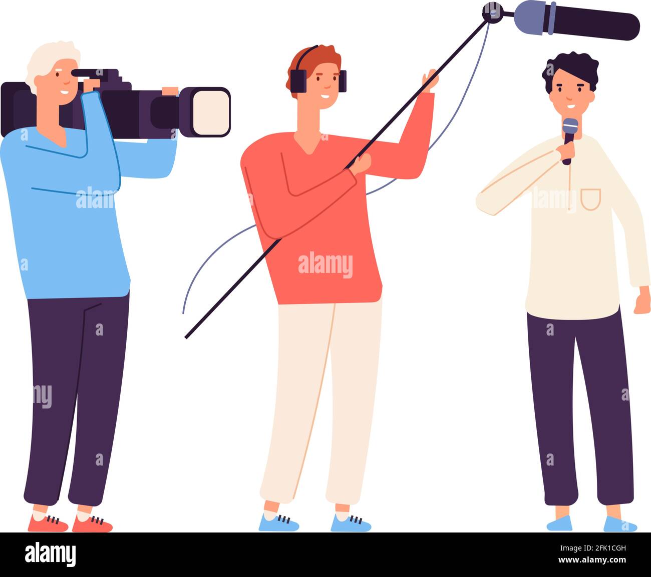 Live streamer. News, broadcaster journalist. TV show or interview shooting. Camera crew and man ...