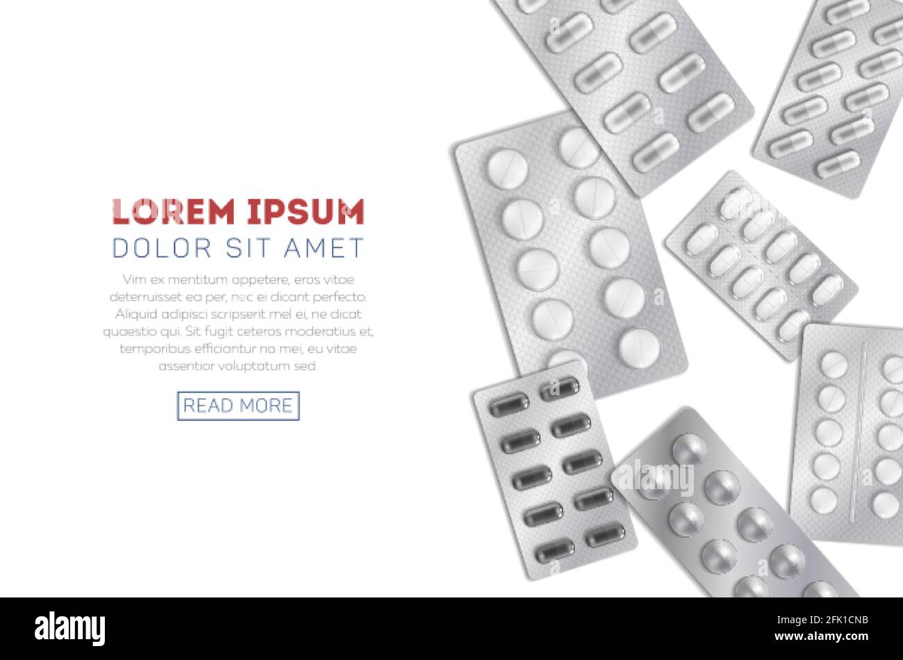 Medical banner. Realistic pills, silver blister with drugs. Pharmacy ...