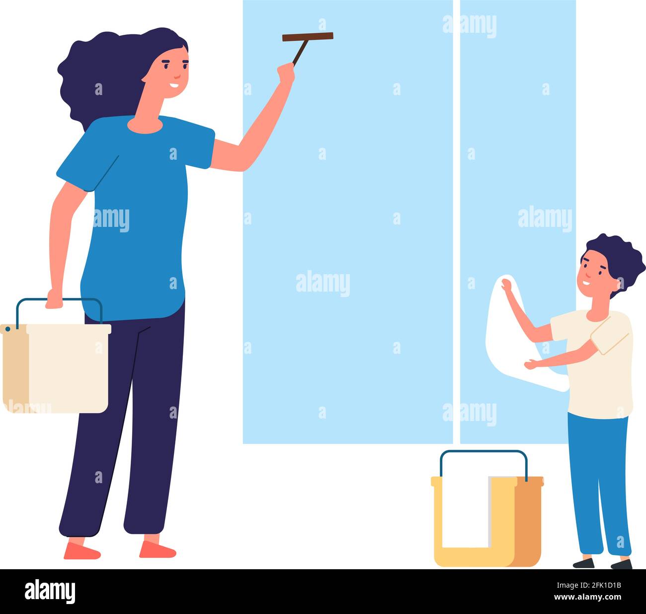 Washing windows. Spring home cleaning, clean equipment. Mother son near ...
