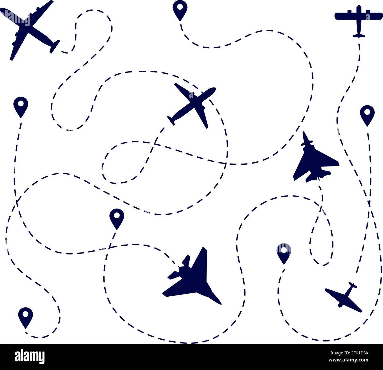 Plane paths. Aircraft way, dotted path or road. Airplane fly route ...