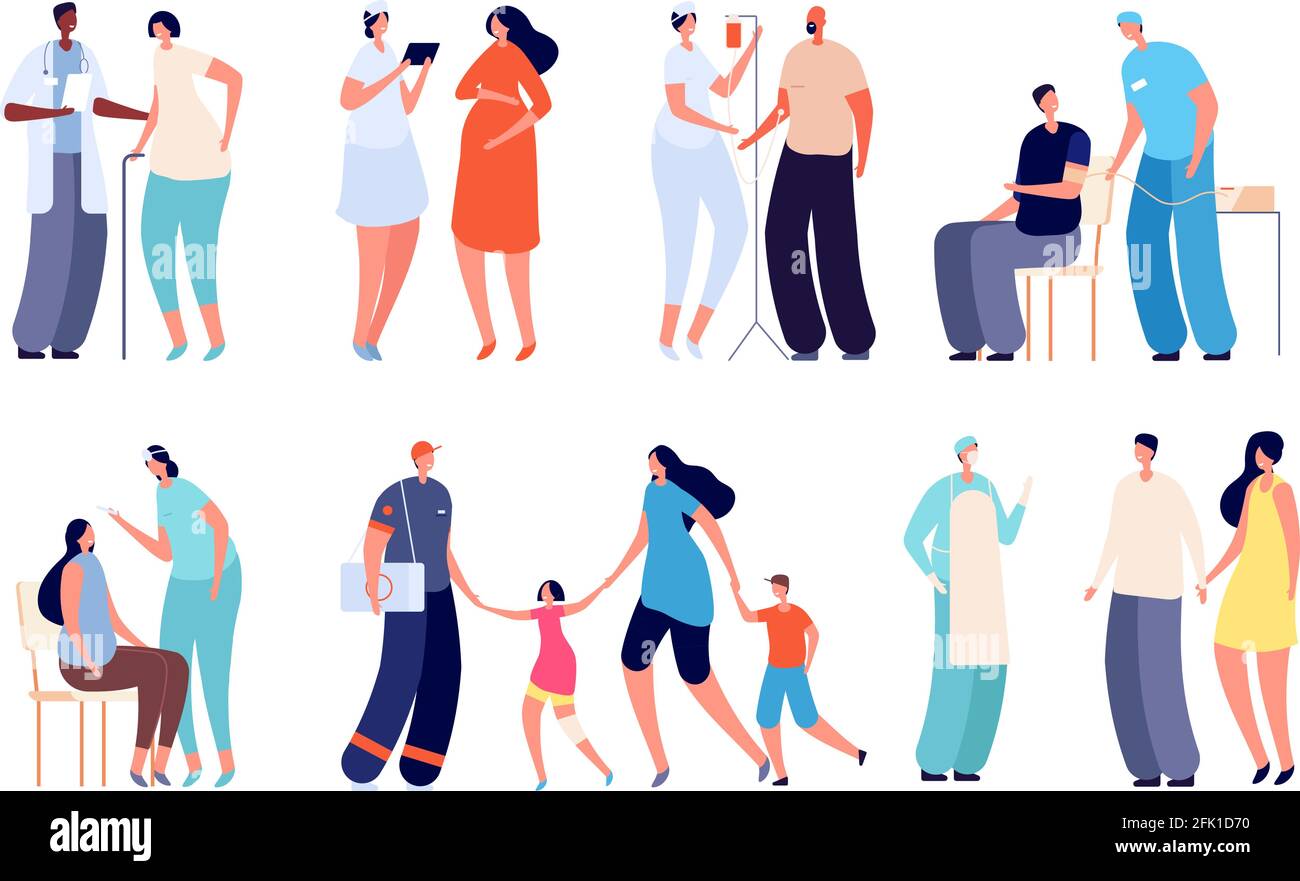 Doctor visiting. Patient in hospital, ill people get treatment. Medical ...