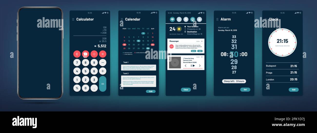 Phone interface. Modern mobile application template. Calendar, clock ...