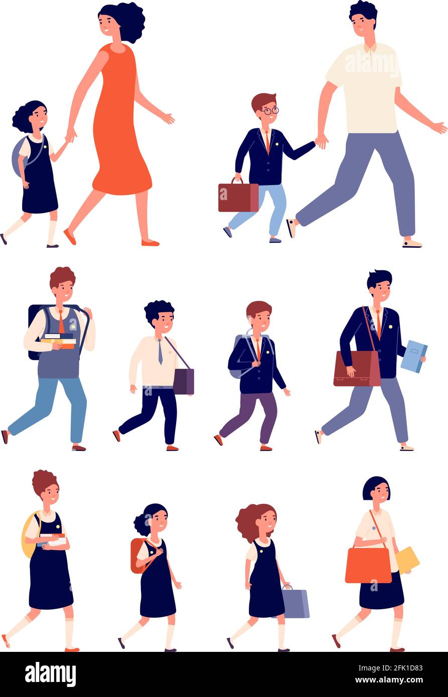 Students characters. Mixed elementary and high school flat children ...