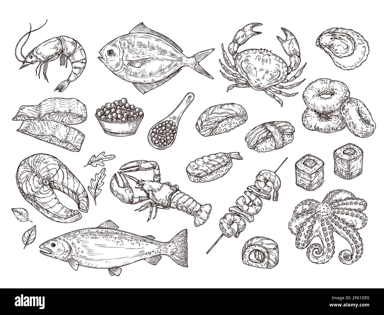 Hand drawn seafood. Natural oyster squid, caviar. Japanese meal ...