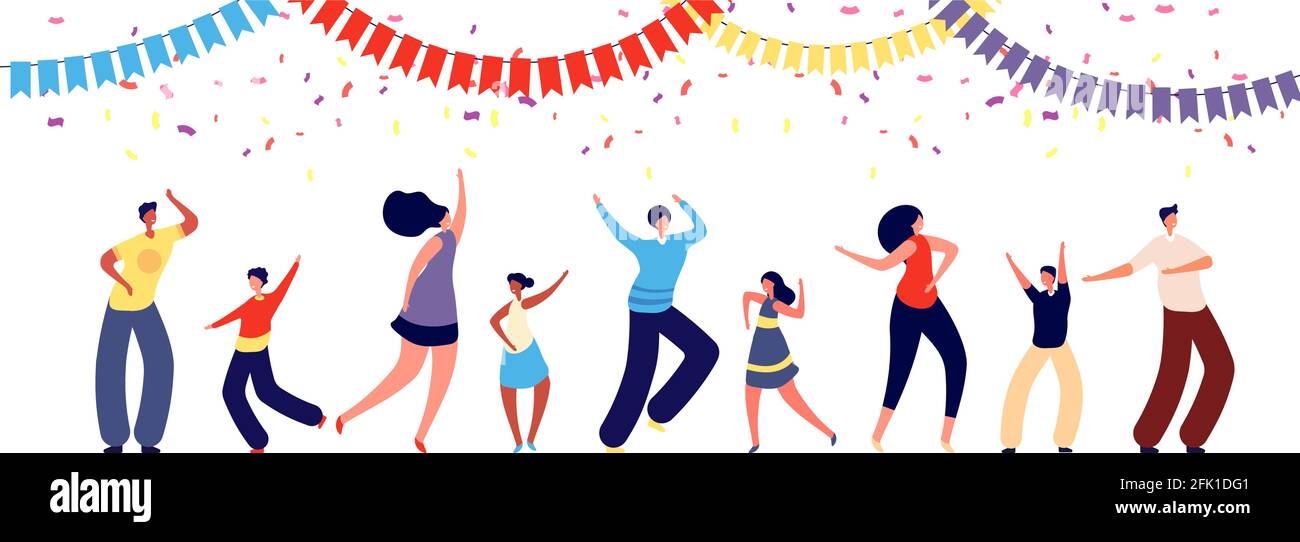 People on party. Fun dance group. Happy parent and kids. Corporate ...