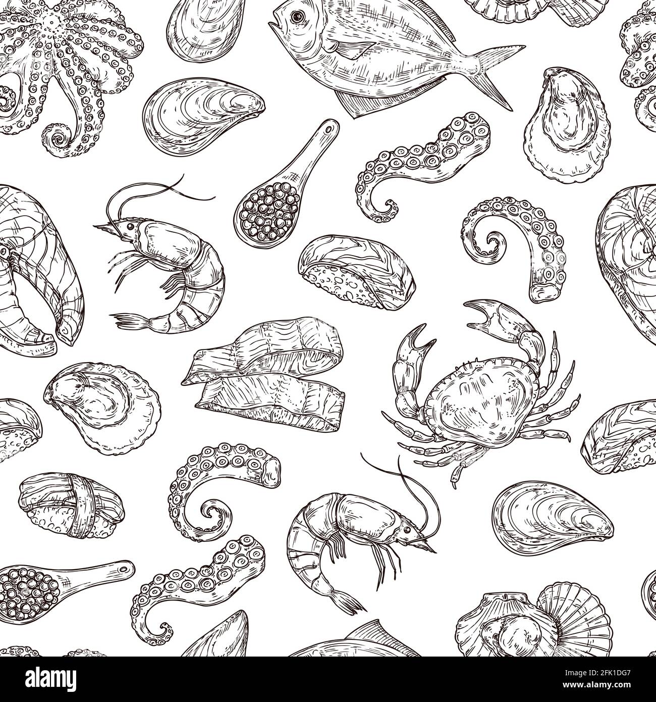 Seafood pattern. Hand drawn ink sea life. Sketch japanese food ...