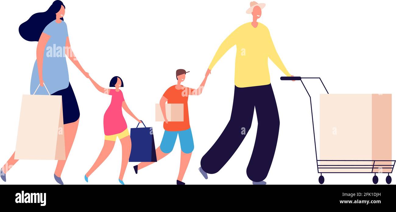 Family on shopping. Beauty people, couple with shop cart. Flat happy ...