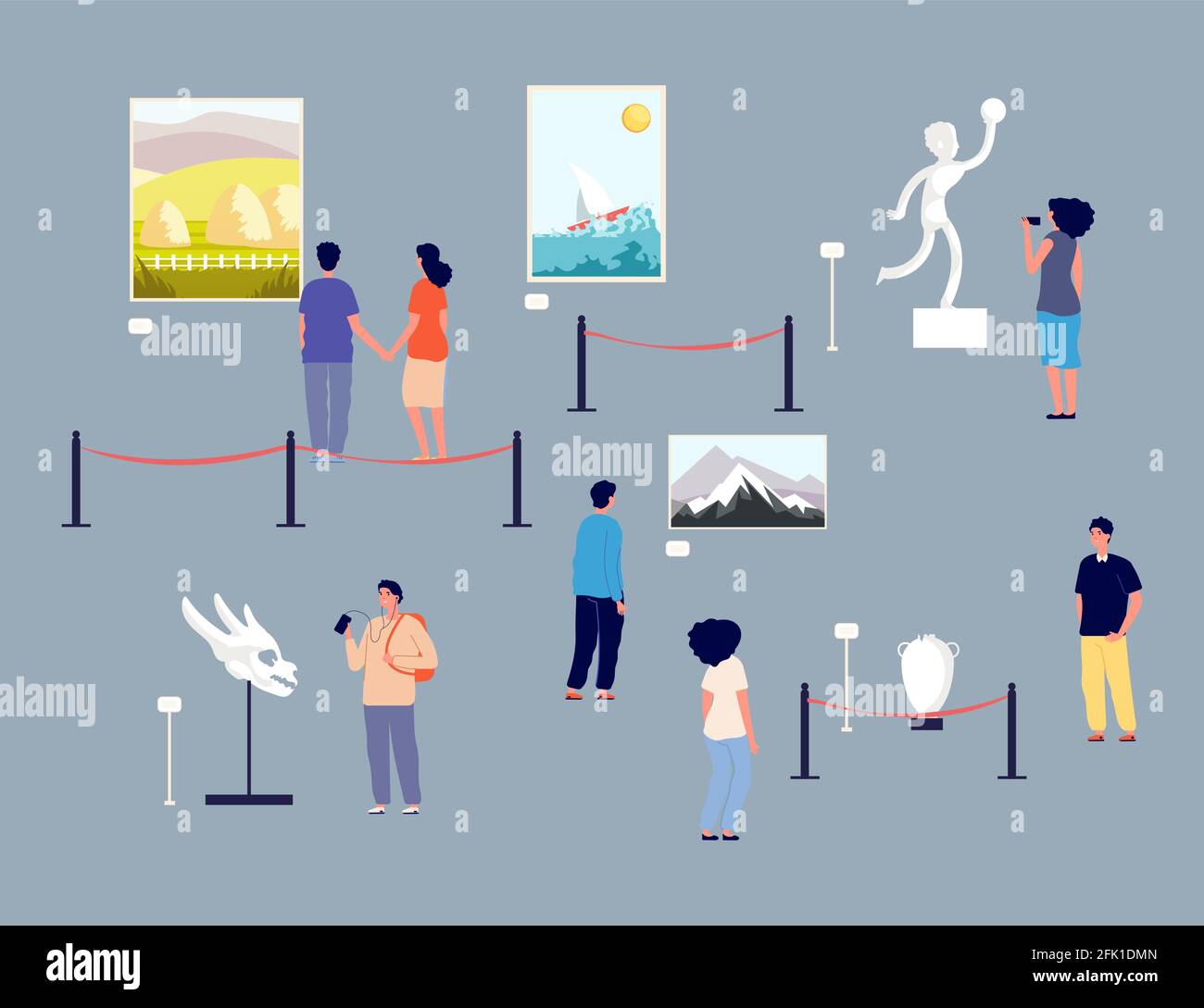 Art gallery visitors. People in museum, exhibition of paintings and ...