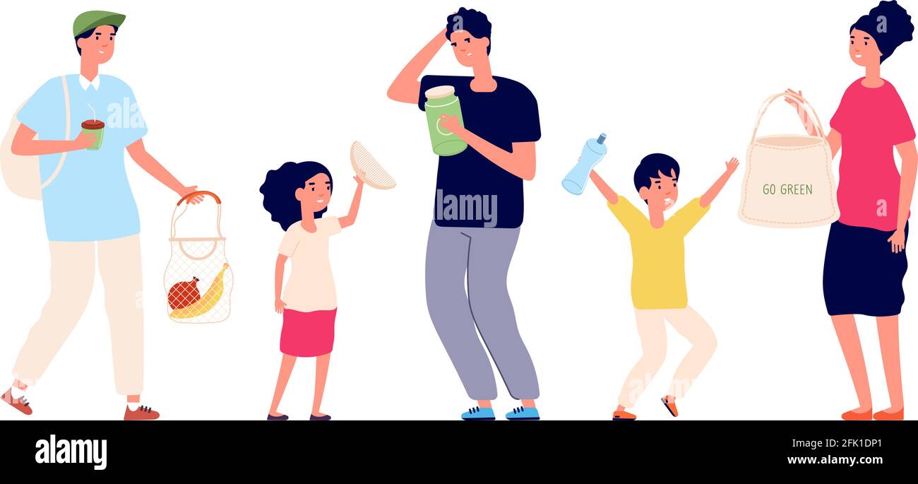 People with reusable packaging. Eco bags, containers and mugs zero ...