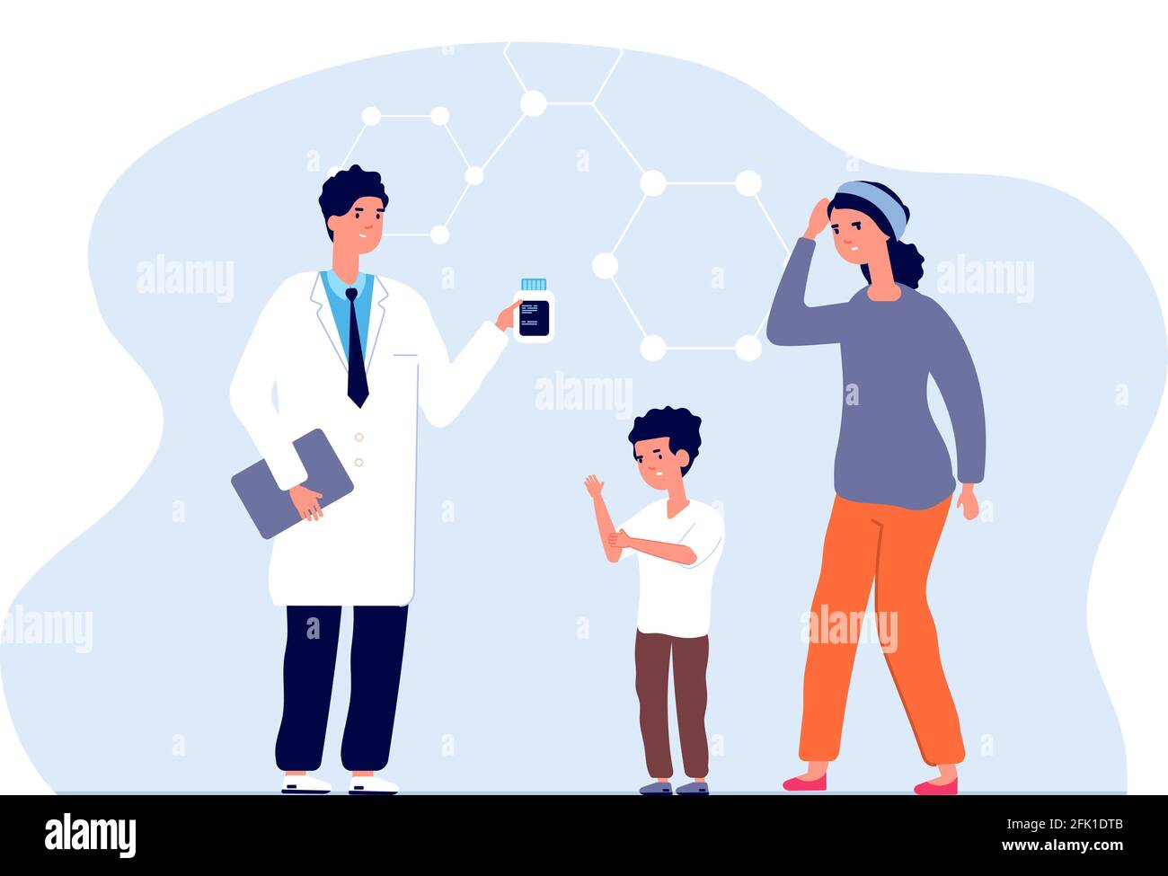 Child itchy skin. Frightened mom, doctor and sick boy. Treating scabies ...