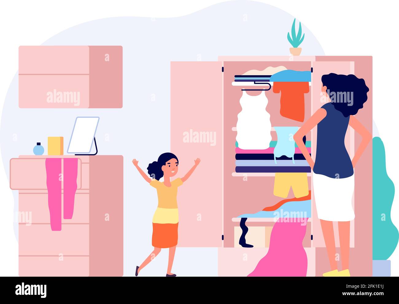 Mess in kids room. Happy girl serious mom. Wardrobe with clothes, woman ...