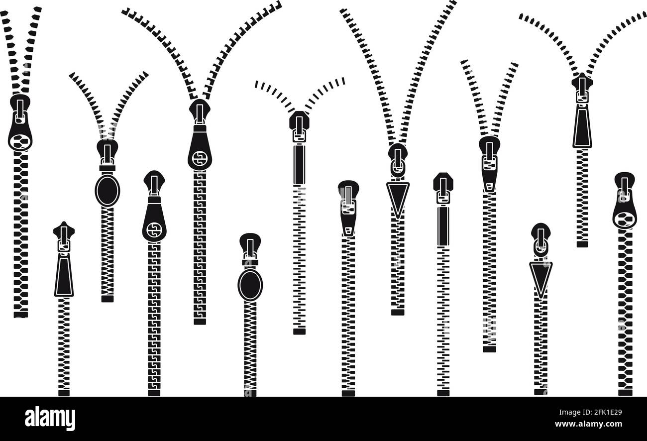 Open closed zippers. Fashion zip silhouette. Flat connect decorative pullers, isolated clasps ...