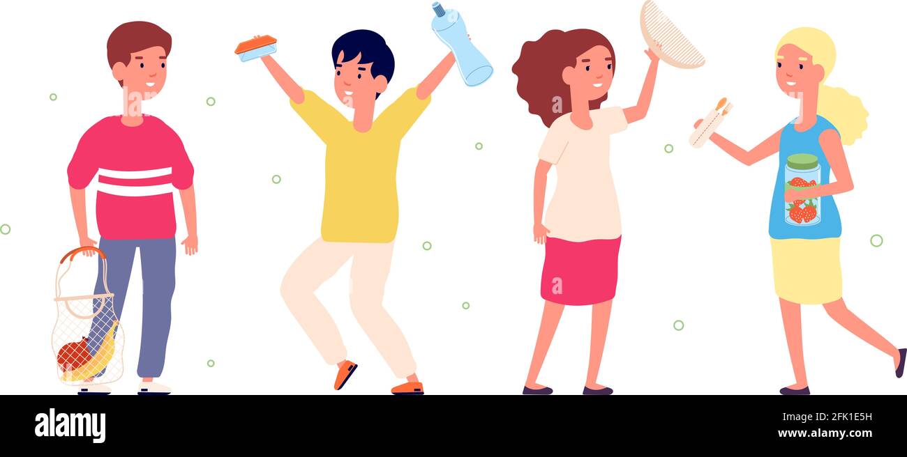 Eco friendly children. Happy kids with textile bags, reusable ...