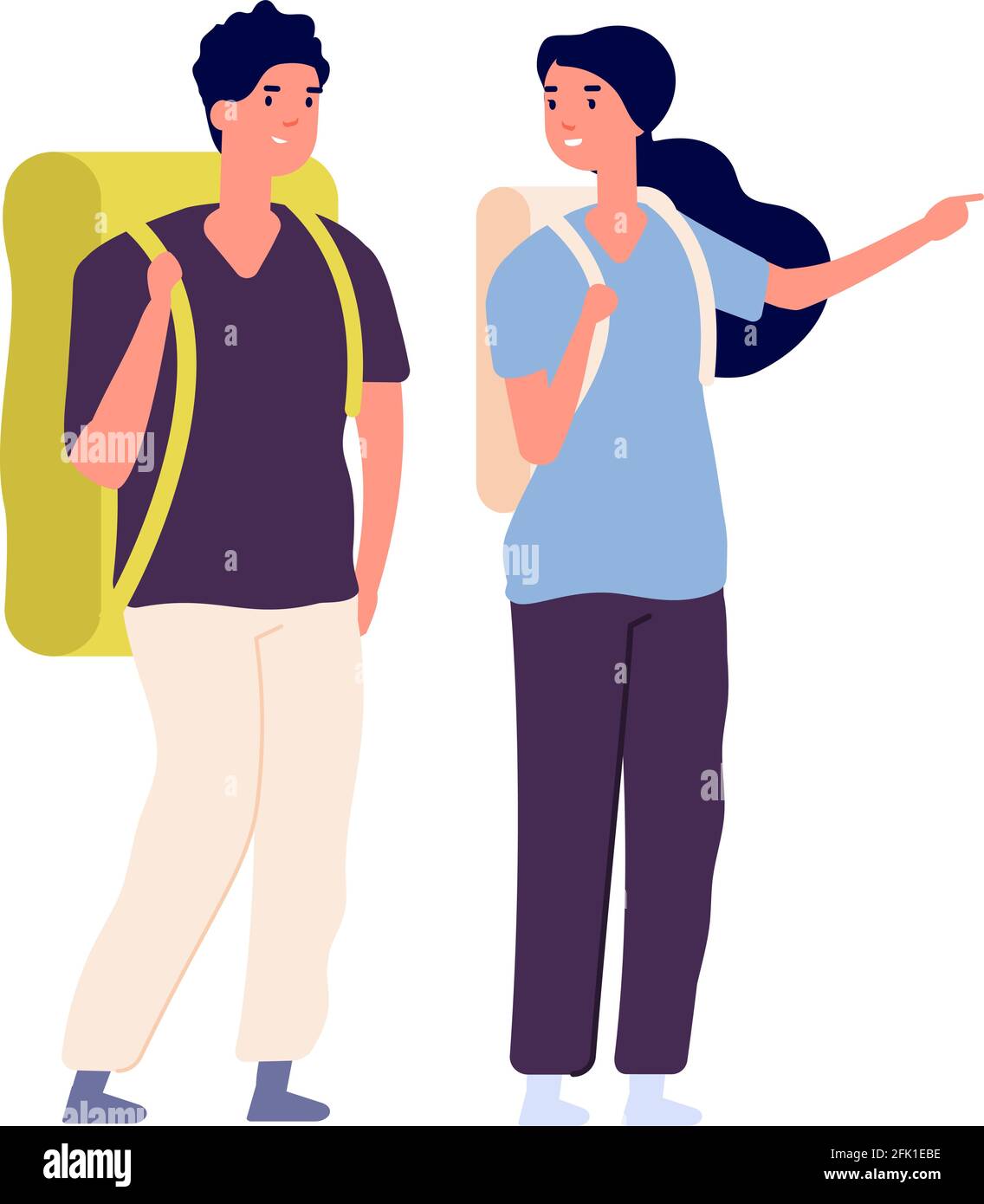 Travellers couple. Man woman travel with backpacks. Isolated happy people find trip, tourists ...