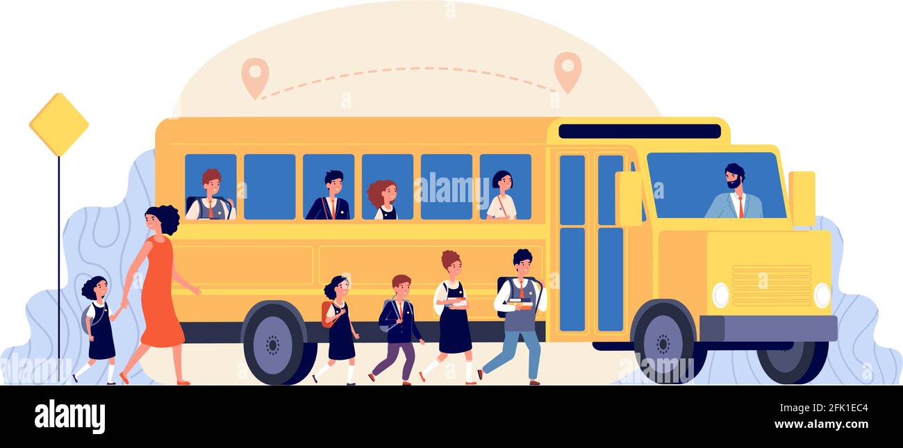 School bus. Pupils ride on yellow transport. Children back to learning ...