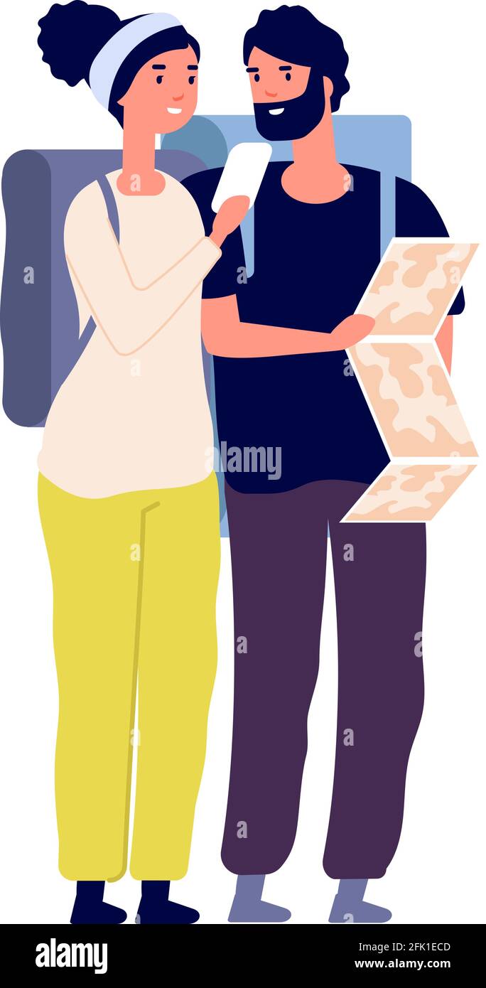 Tourists with map. Happy traveler find road or travel trip. Flat man woman with backpacks ...