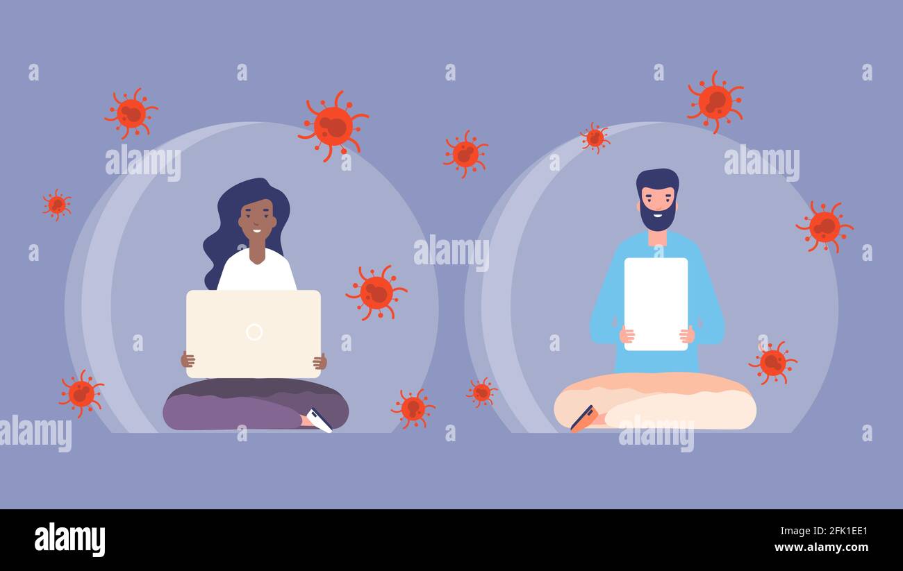 Virus protection. People in transparent bubbles with laptop ...