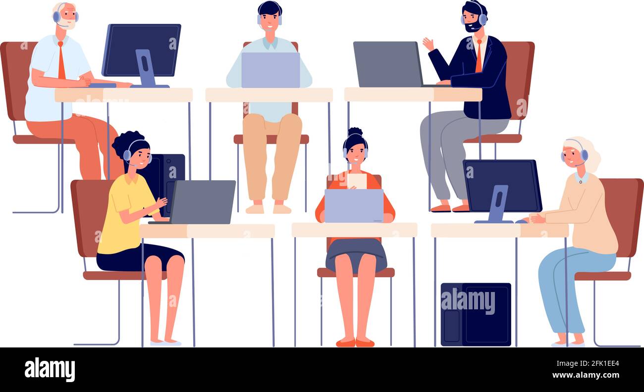 Call center characters. Contact service, smiling telephone agent with ...
