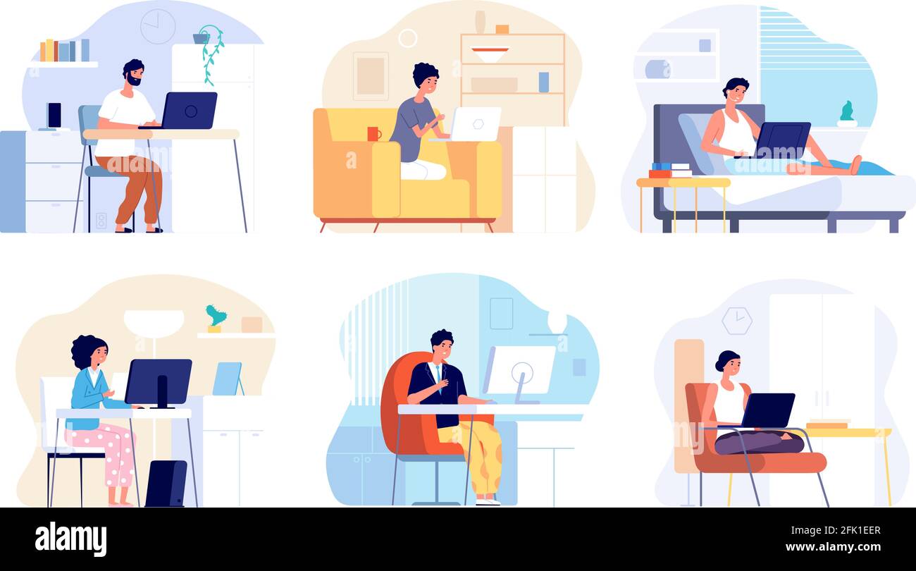 Home office. Work from house, busy woman man working. Isolation period ...