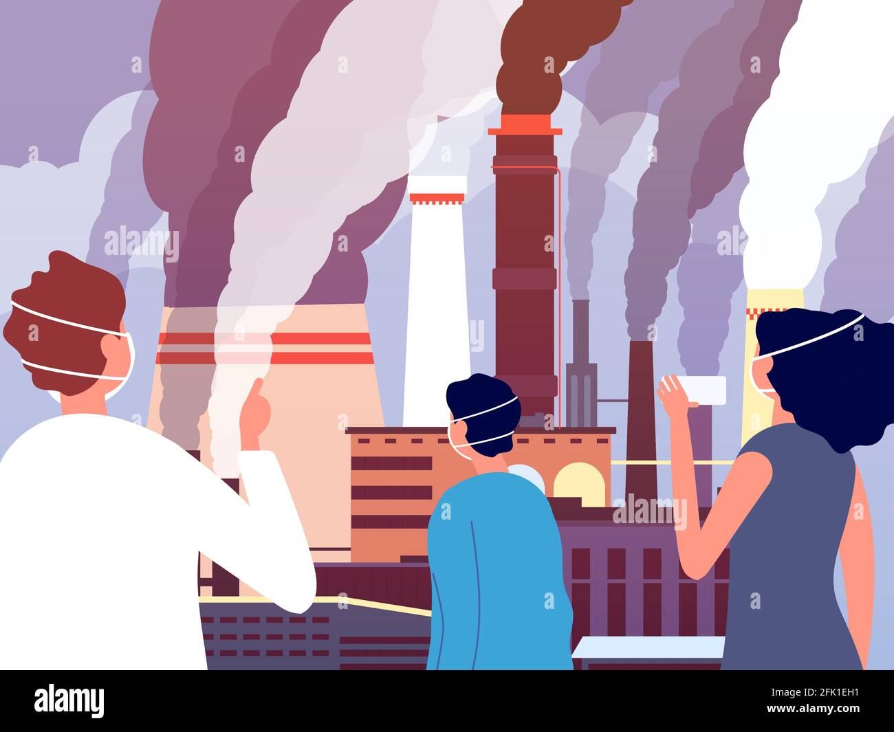 Air pollution. People look at factories produce smoke from pipes ...