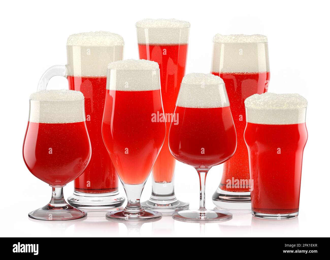 Set of fresh draft beer glasses with bubble froth isolated on white ...