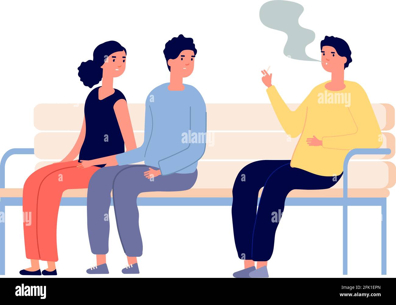 Smoking in public place. Man smoker, couple are passive smokers. Drug ...