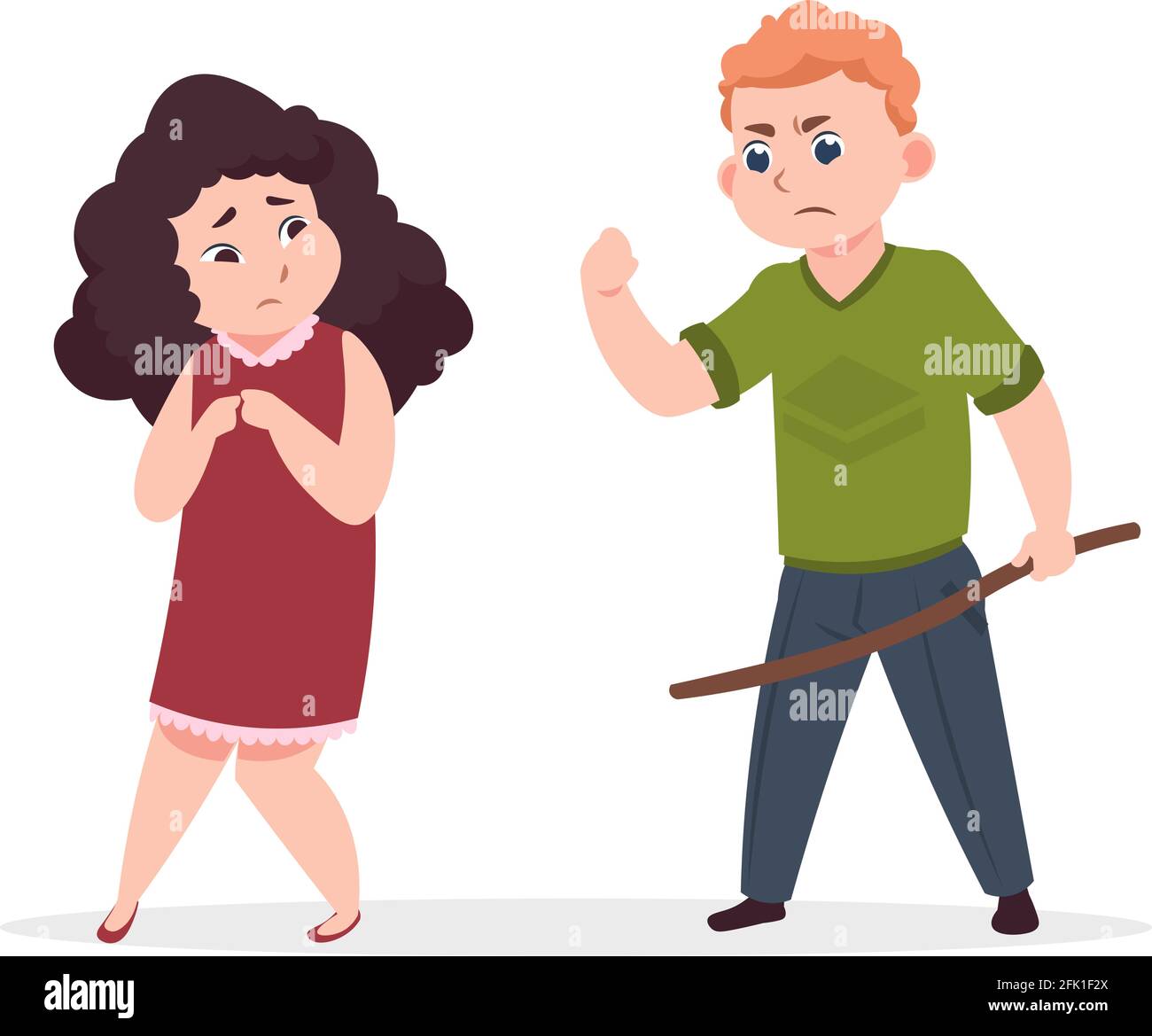 Bullying. Angry boy threatens little girl, frightened child. Aggression ...