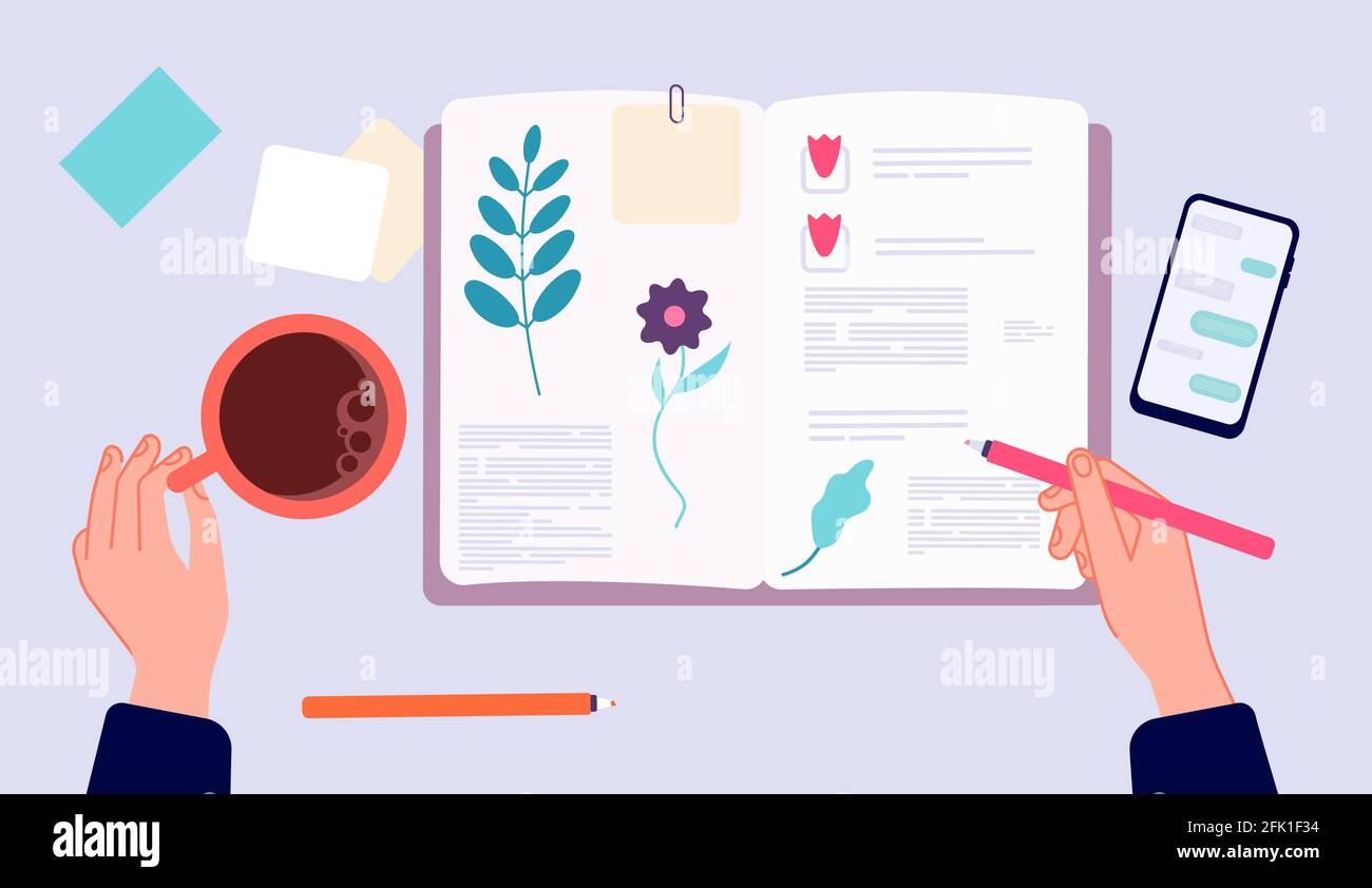 Diary writing. Person drawing in sketchbook. Top view hands with pen ...