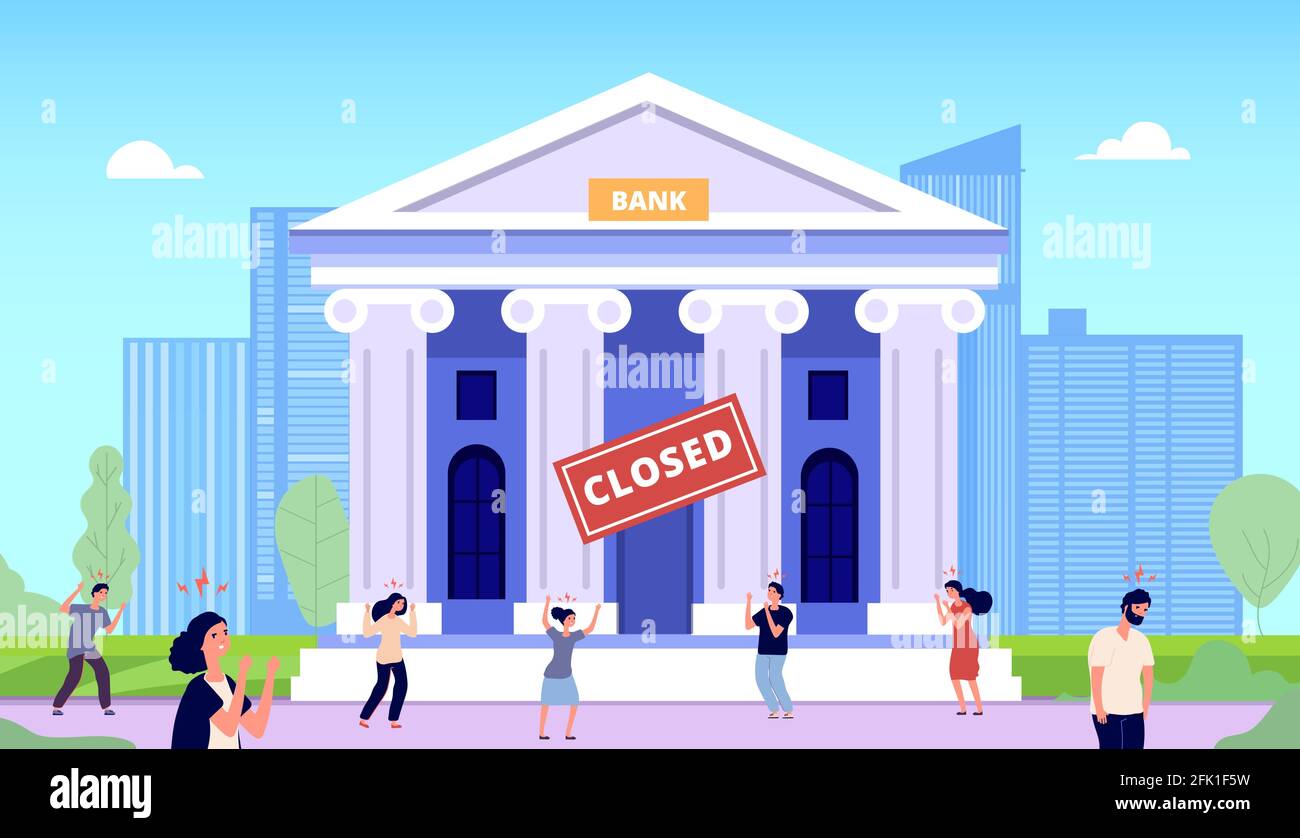 Bank closed. Financial crisis, people bankrupt. Angry crowd on street ...
