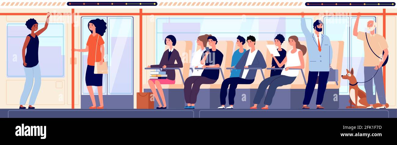 People in bus. Modern public urban transport inside, sitting student ...