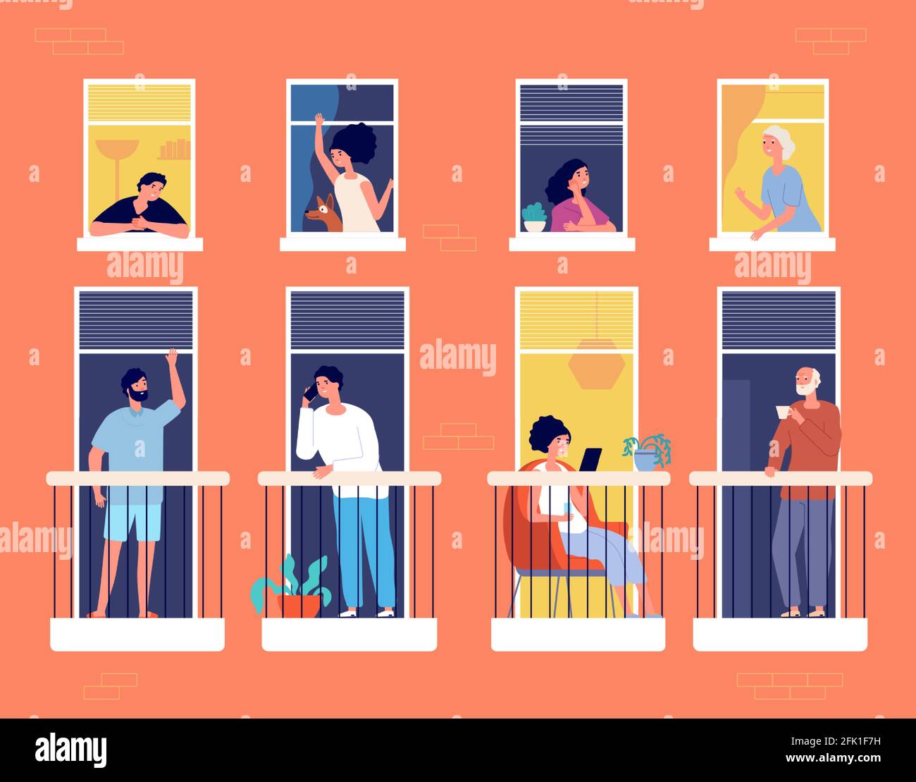 People on balcony. Modern apartment building, neighborhood life ...