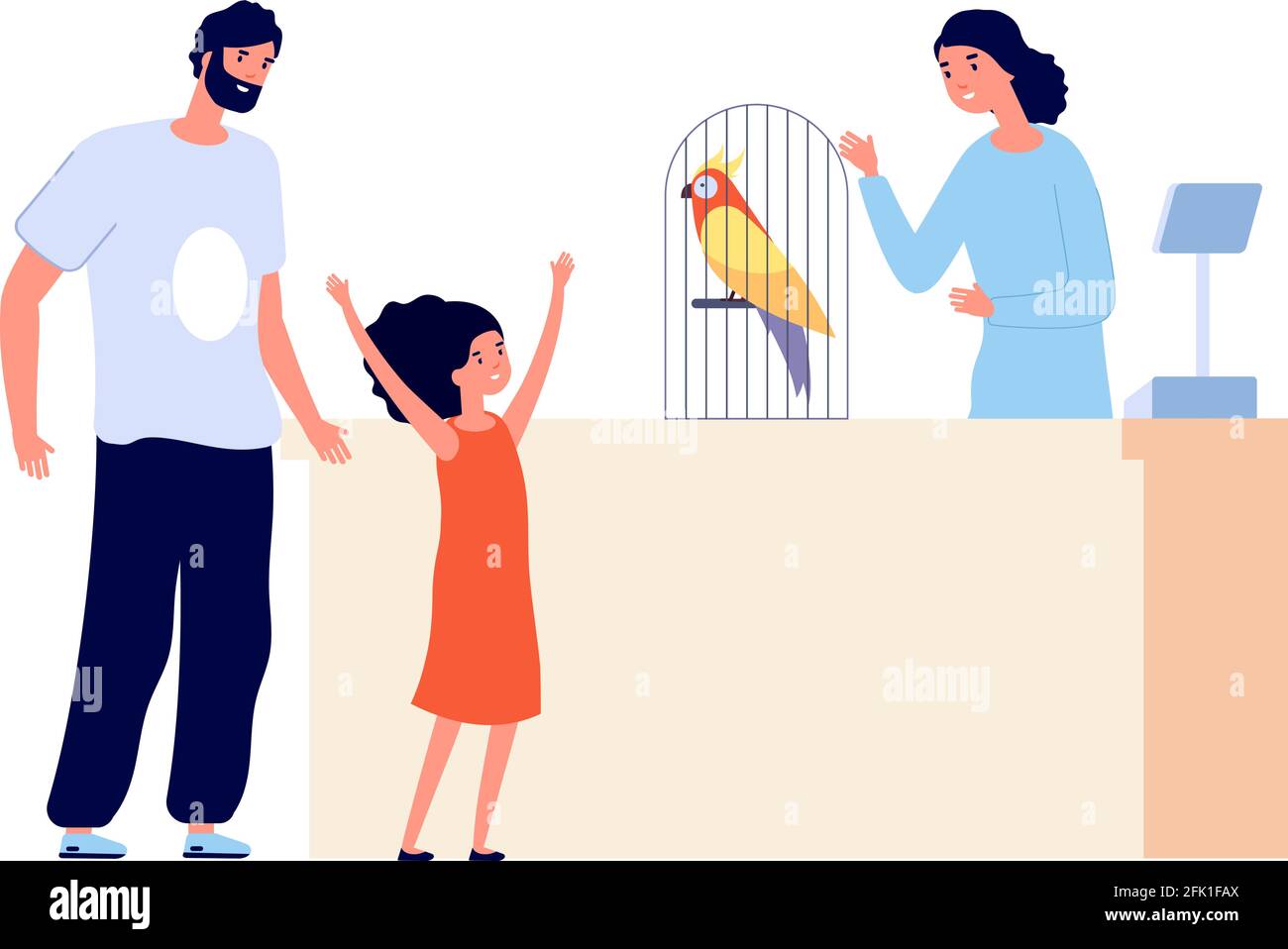 People at pet store. Dad buys parrot for daughter, bird in cage and ...