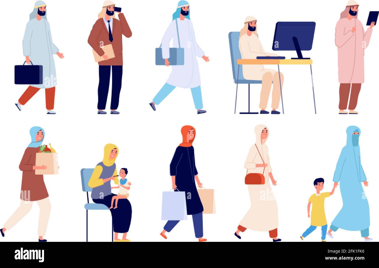 Arab characters. Saudi business people, muslim woman man group ...