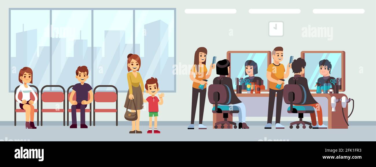 Queue in barber shop. People waiting haircut, cartoon women men child ...