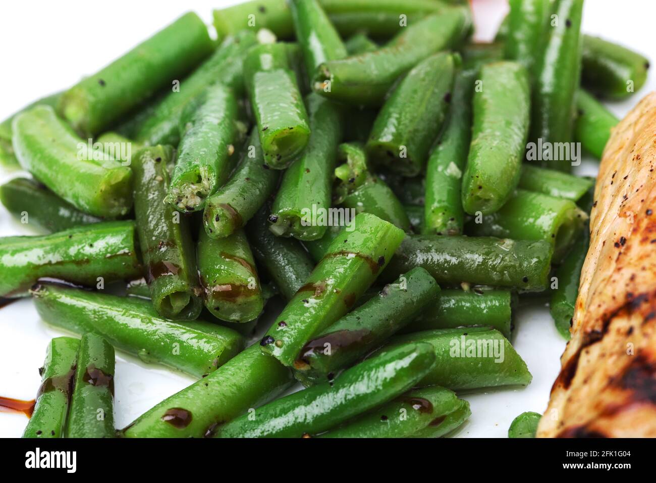 Delicious fried french beans with soya sauce. Macro. Photo can be used ...