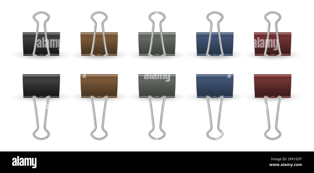 Realistic paper clips. Push pins, isolated gold black and color office ...