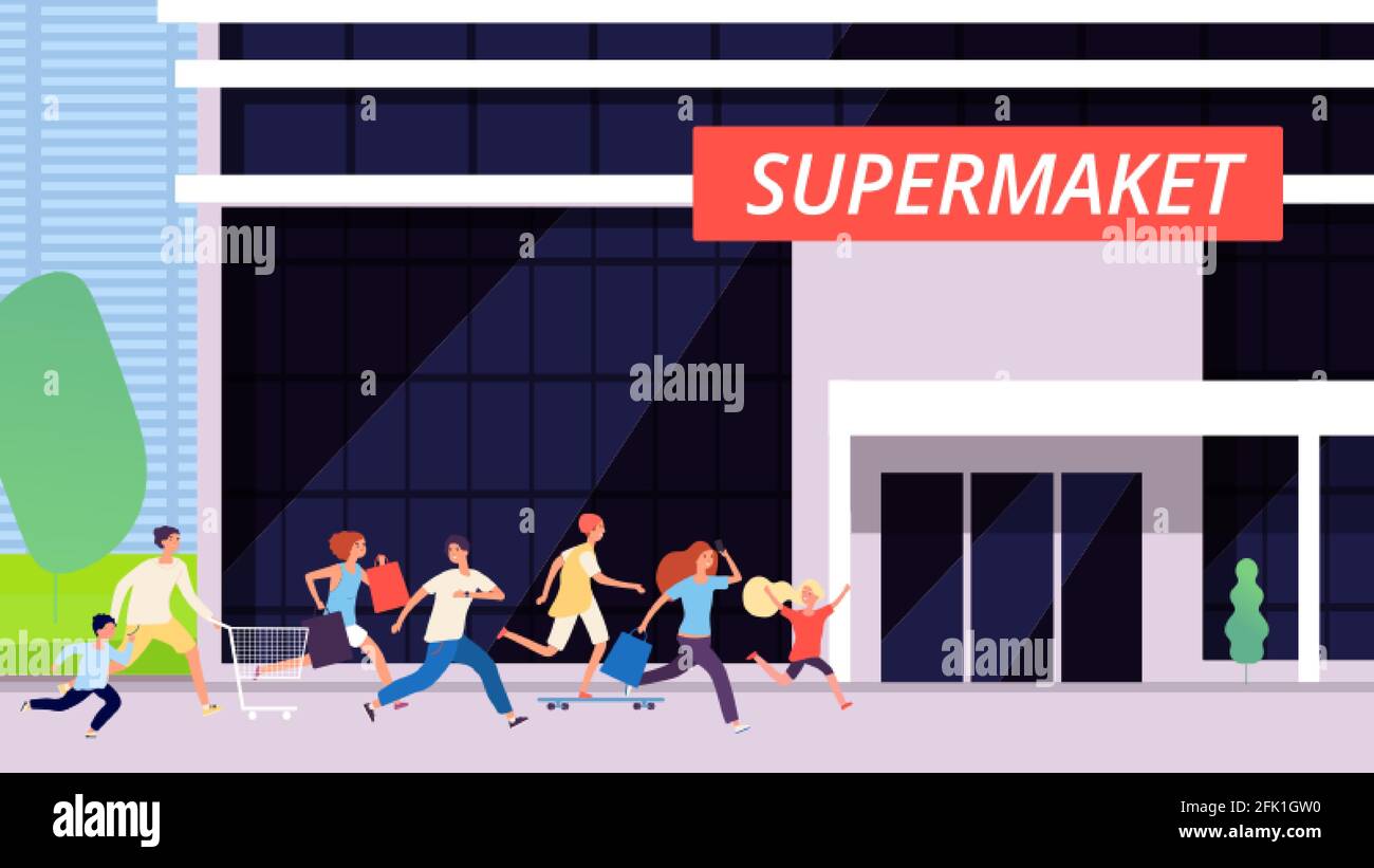 Crowd run to supermarket. Sale discount time, big store building ...