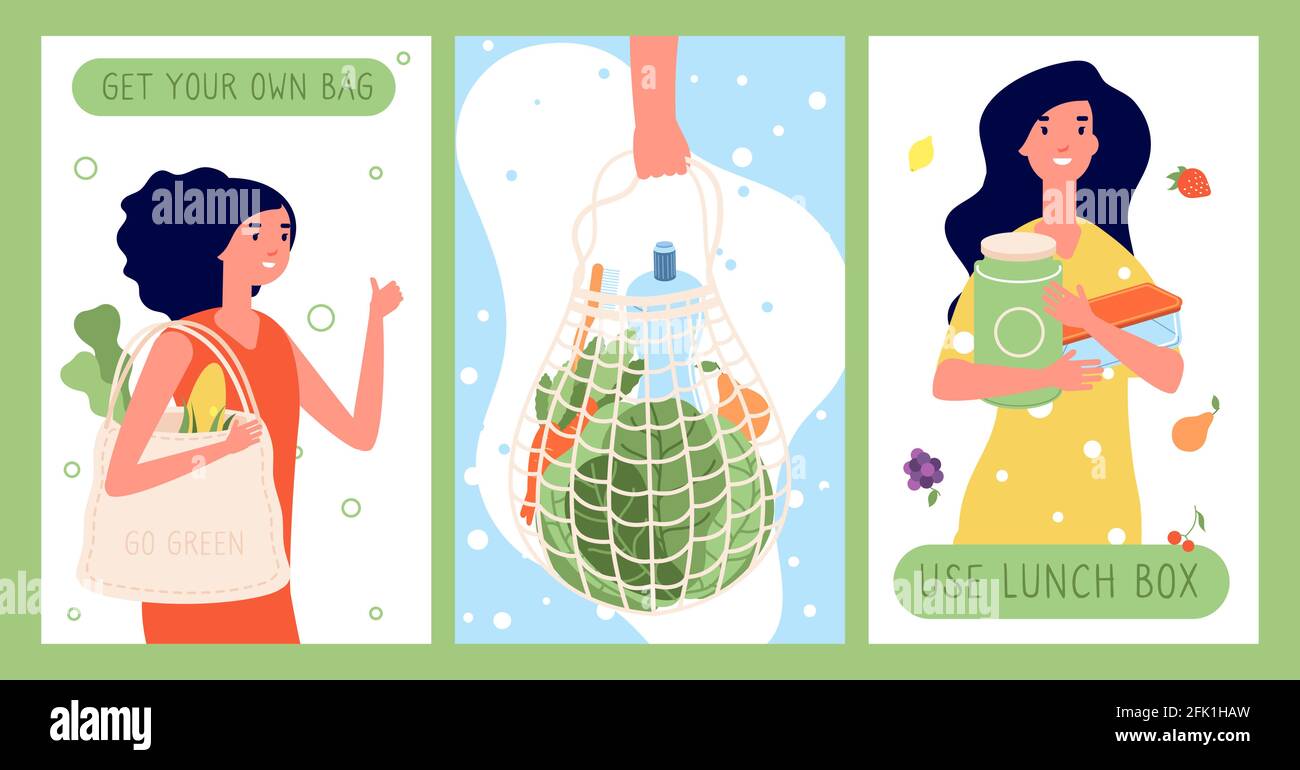 Eco lifestyle cards. Zero waste, using fabric shopping bags and ...