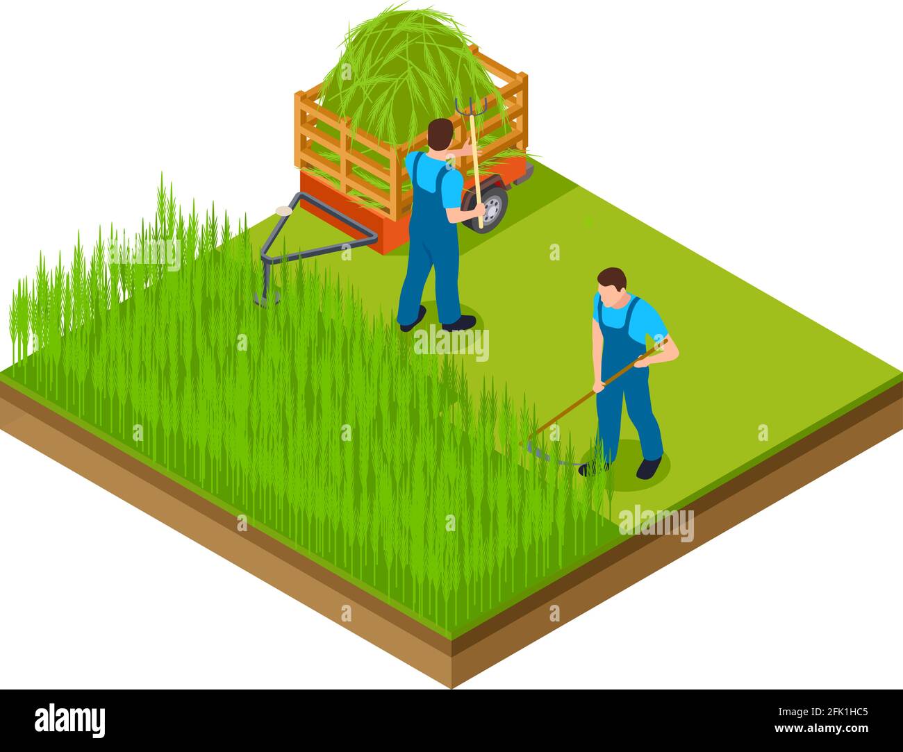 Hay season. Men mow grass, make area for garden. Isometric gardening ...