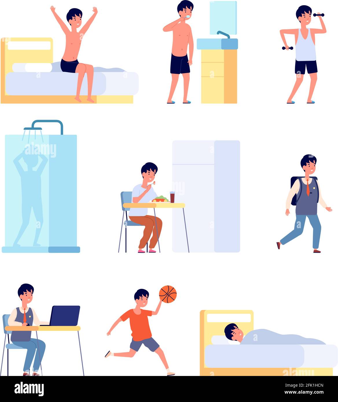 Boy daily activities. Kid hygiene, smiling active baby morning time ...