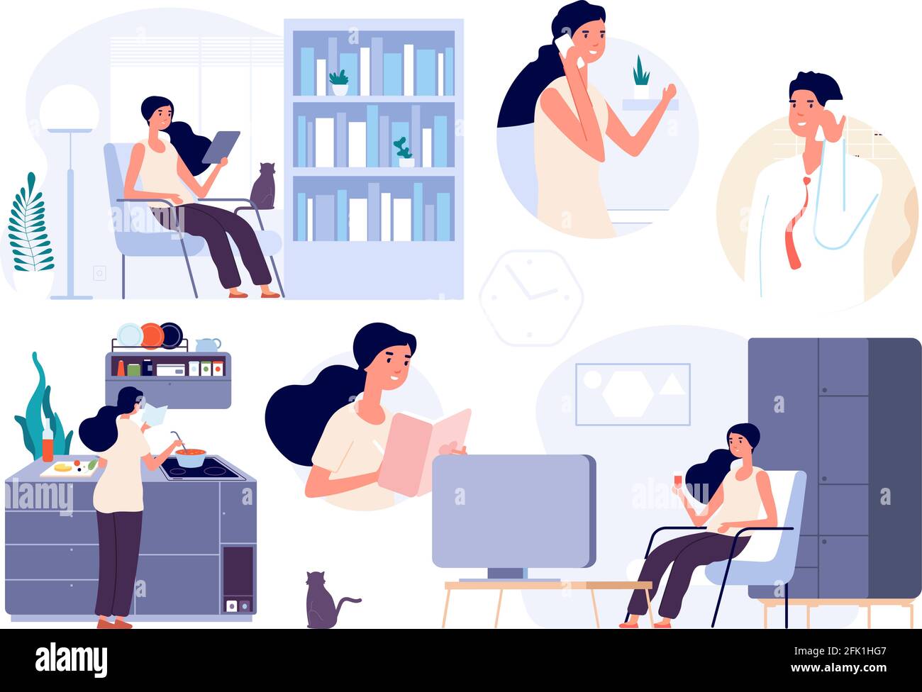Woman daily routine. Housewife life, single girl everyday activities ...