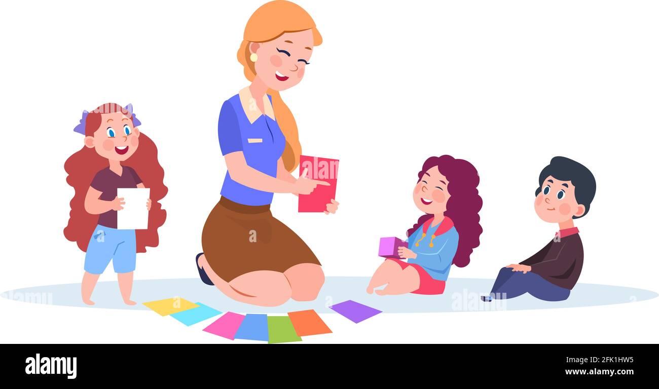 Kindergarten teacher. Preschool kids learn colors. Isolated cartoon ...