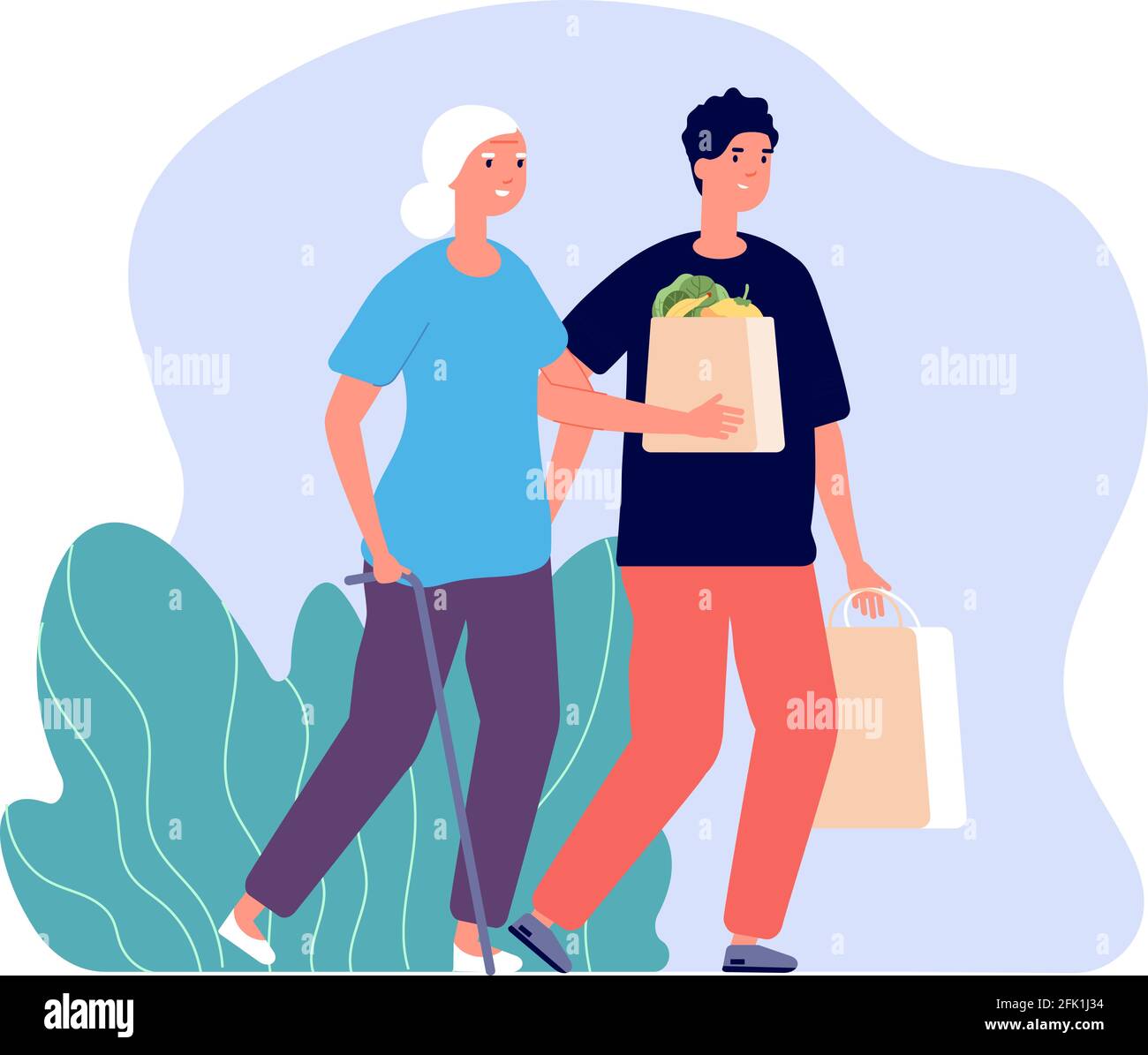 Social work. Man helping grandmother, young boy carries food elderly ...