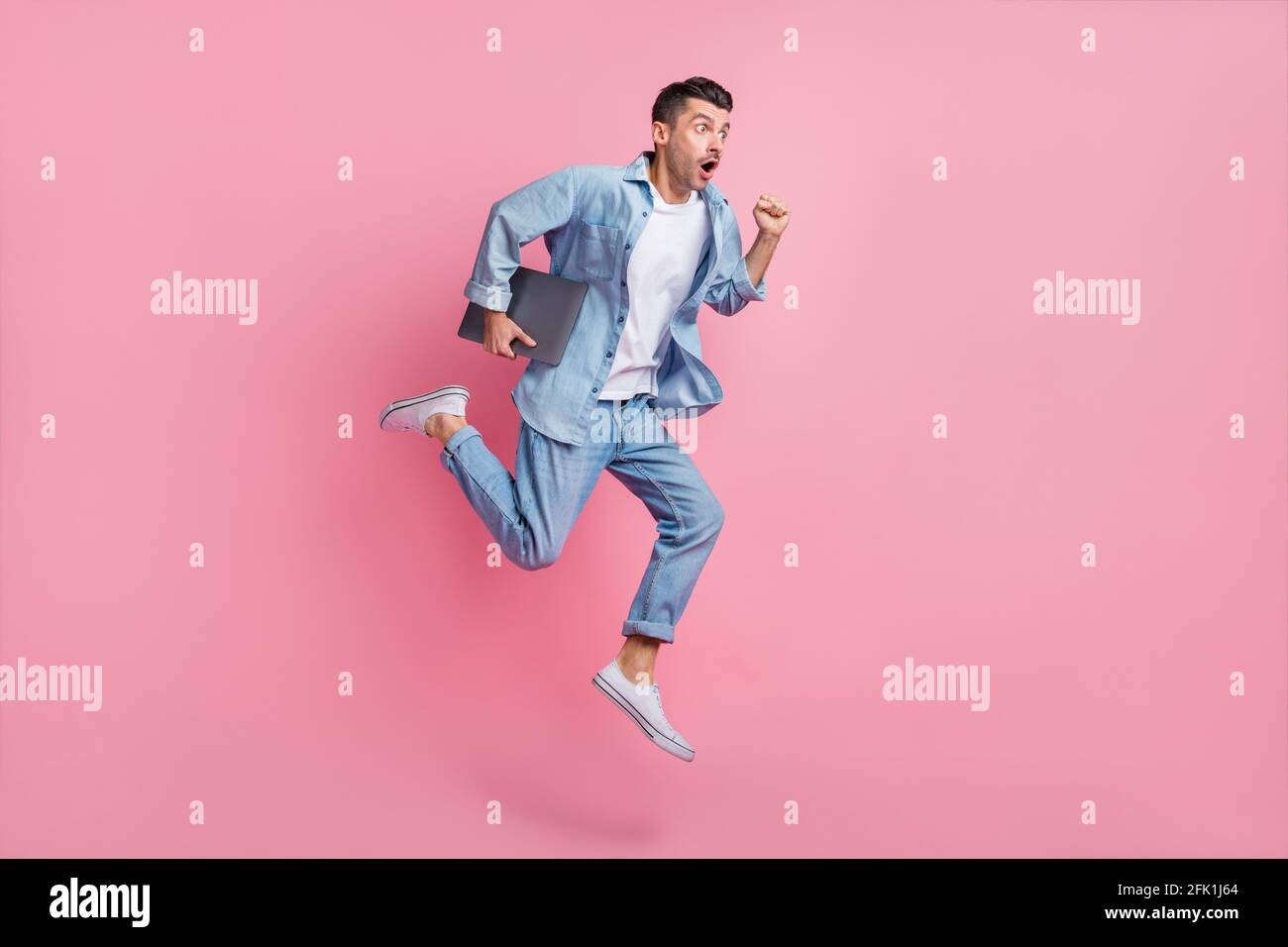 Full length body size view of nice motivated energetic guy jumping ...