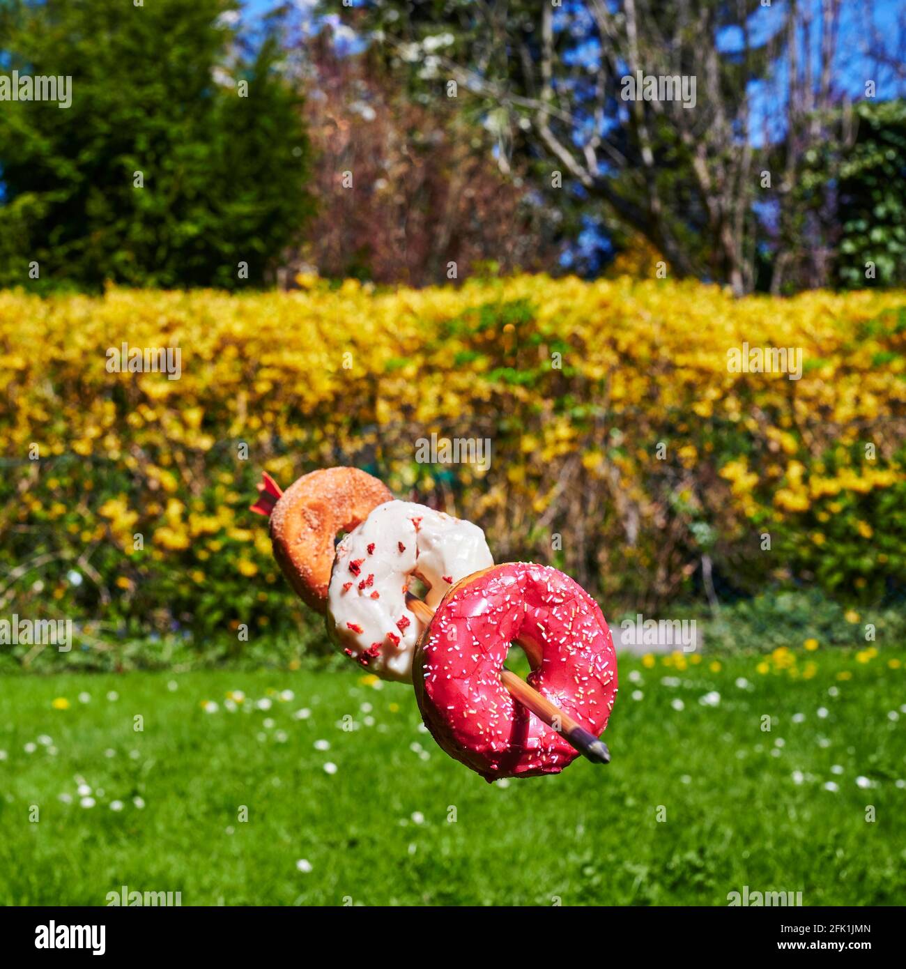 Three donuts that are being shot through by an arrow Stock Photo - Alamy