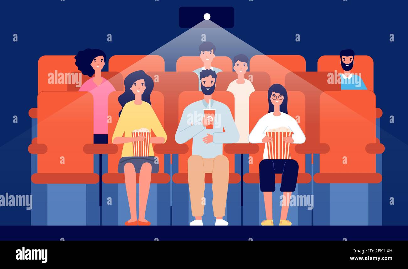 Family in cinema. Cartoon movie theater, people watching film eat and ...