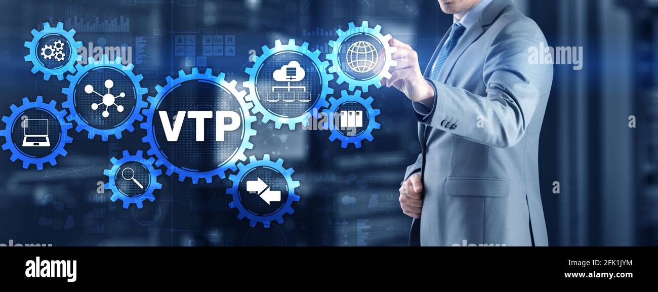 VLAN Trunking Protocol. Technology networks cocept. Blue Background ...