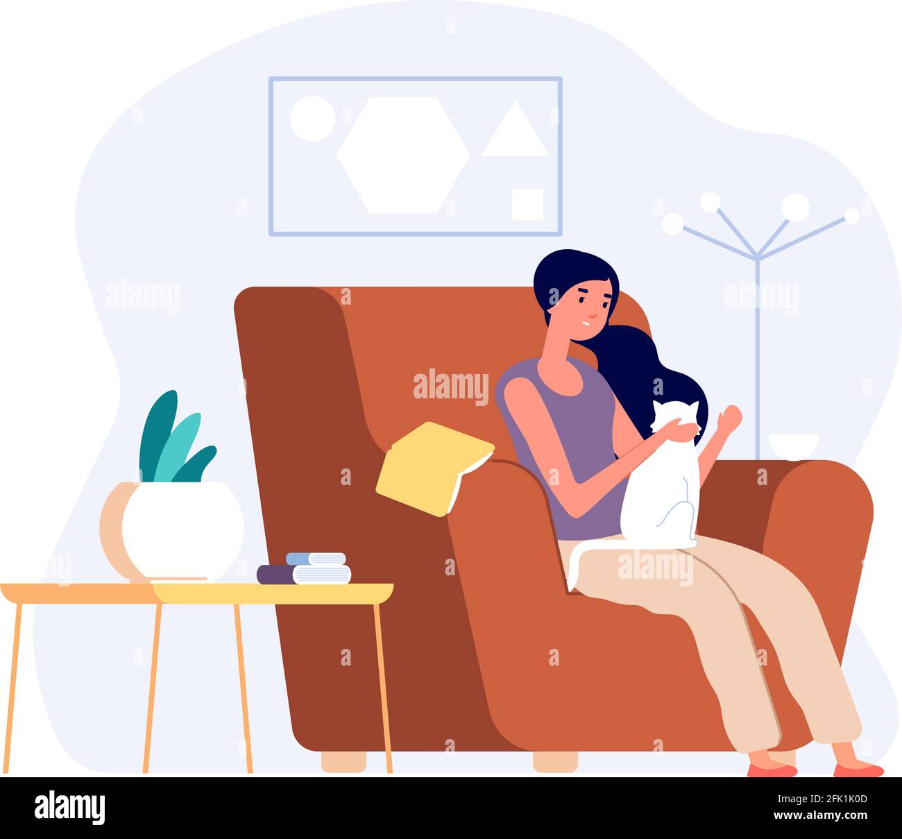 Woman with cat. Girl relaxed in cozy living room and stroking kitten ...