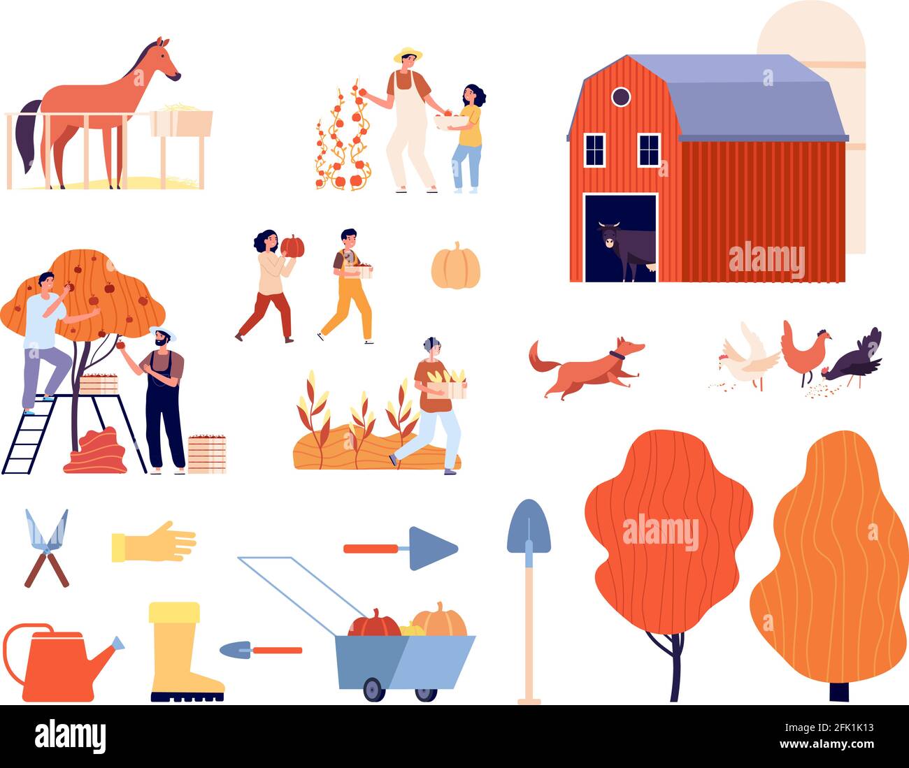 Farm collection. Animals, farmers harvesting garden. Isolated rural ...